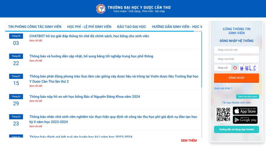 Sinhvien.ctump.edu.vn đăng nhập - Cổng sinh viên Đại học Y Dược Cần Thơ